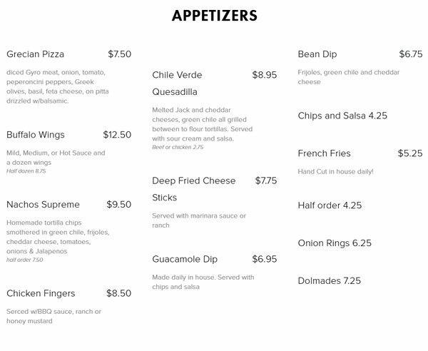 Menu at Pegasus Restaurant, Castle Rock