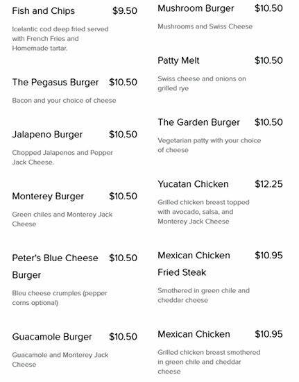 Menu at Pegasus Restaurant, Castle Rock