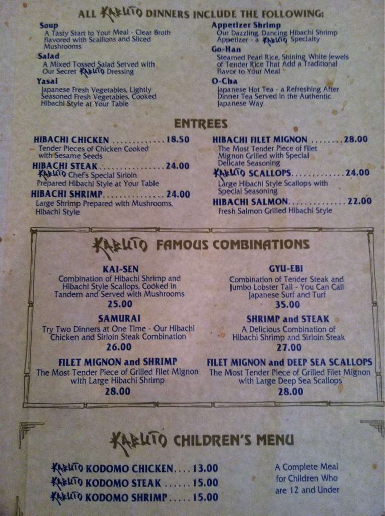 Menu at Kabuto Japanese House of Steak steakhouse, Richmond