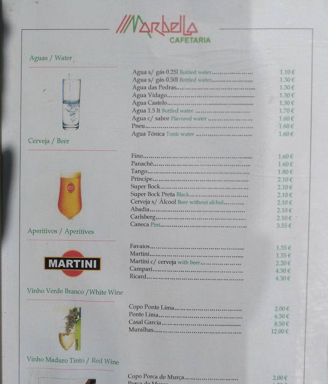 Menu at Marbella restaurant, Porto