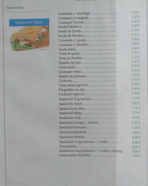 Menu at Marbella restaurant, Porto