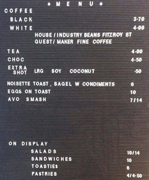 Menu at Proving Grounds cafe, South Yarra