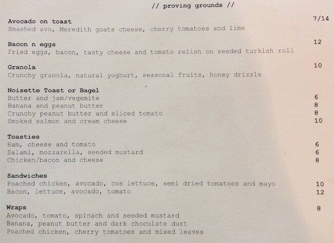 Menu at Proving Grounds cafe, South Yarra
