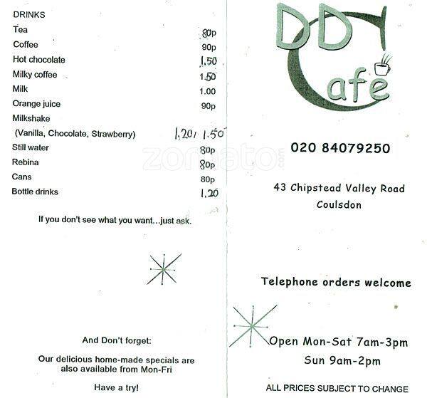 Menu at DD's Cafe, Coulsdon