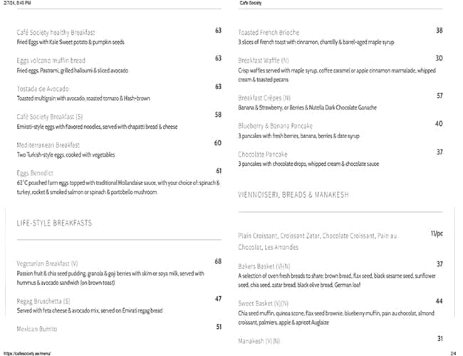 Menu of Cafe Society - Tamani Marina Hotel and Hotel Apartment, Dubai ...