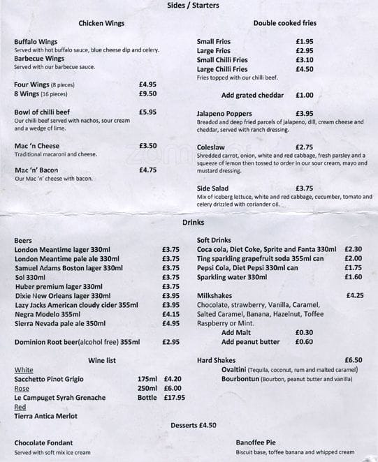 Menu at Burger & Shake restaurant, London