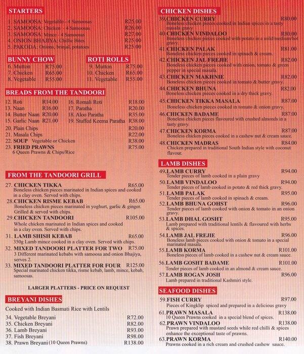 Menu at Tranna restaurant, Pretoria, Shop FF04