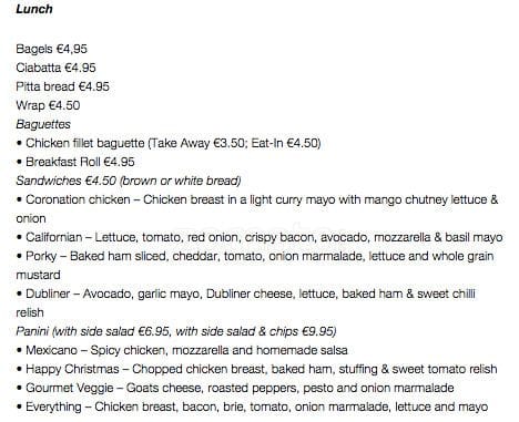 Menu at The River Cafe, Dublin, Raheny Shopping Centre