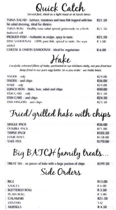 Menu at Sailor Sam fast food, Knysna