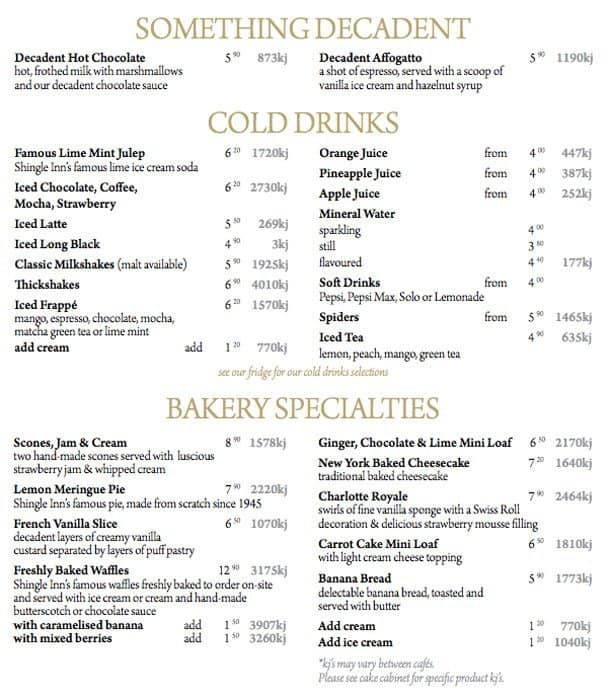 Menu at Shingle Inn restaurant, Carindale, Westfield Carindale