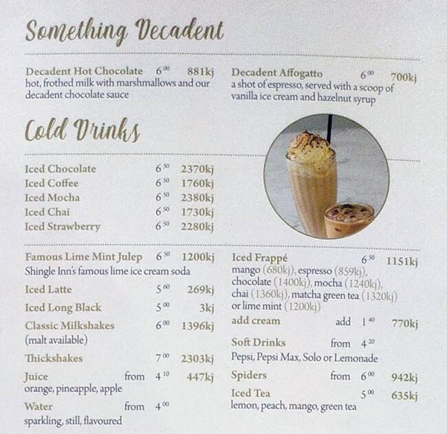 Menu at Shingle Inn restaurant, Brisbane City, 229 Queen St