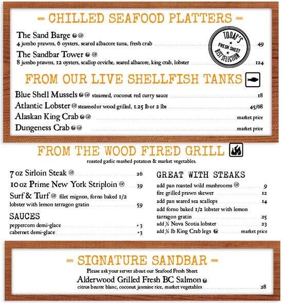 Menu at The Sandbar Seafood Restaurant, Vancouver