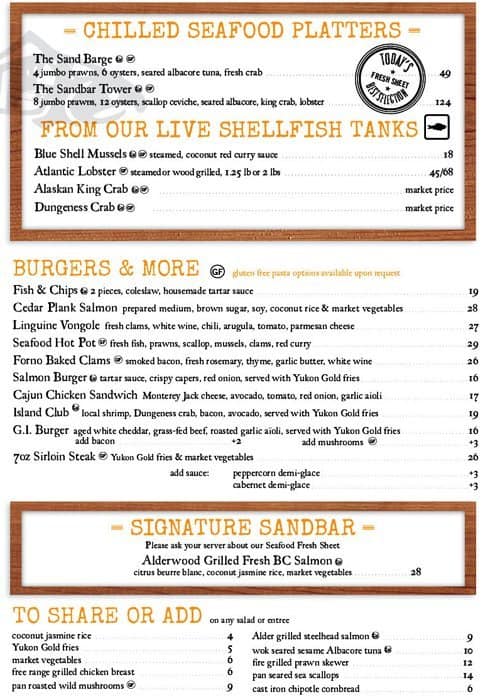 Menu at The Sandbar Seafood Restaurant, Vancouver