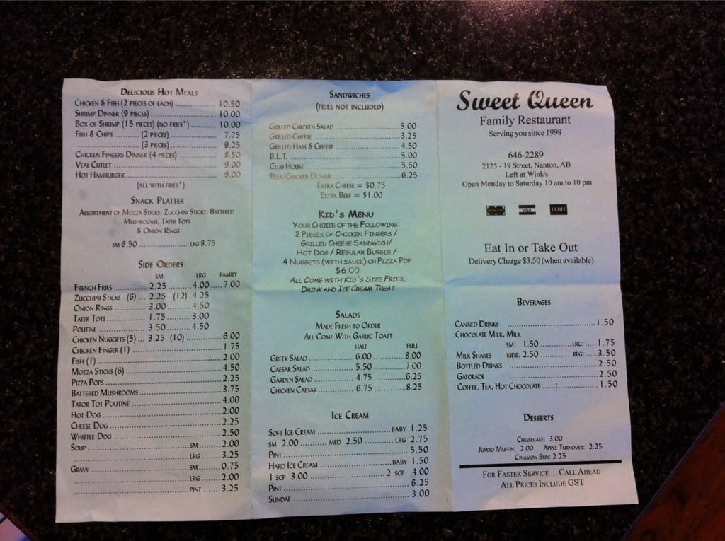 Menu at Sweet Queen Family Restaraunt pizzeria, Nanton