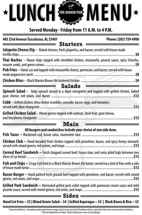 Menu at Avenue Pub - Tuscaloosa, Tuscaloosa