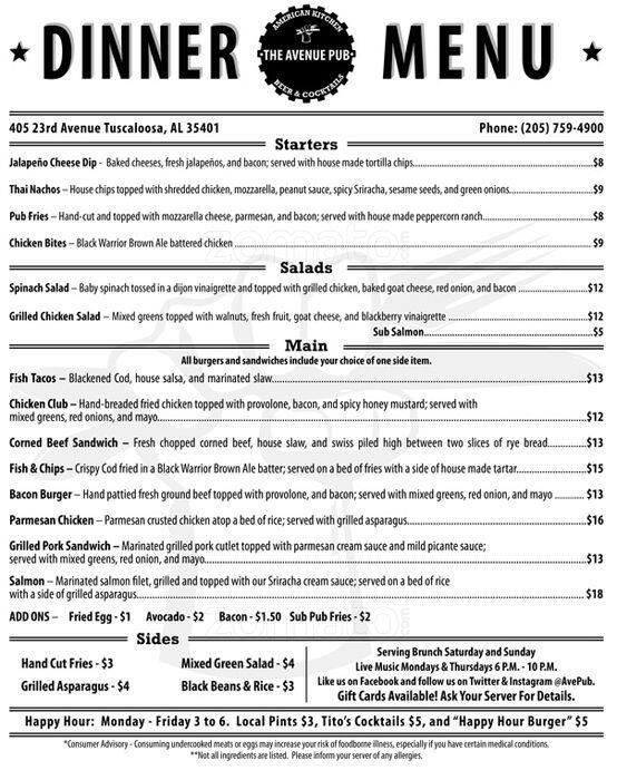 Menu at Avenue Pub - Tuscaloosa, Tuscaloosa