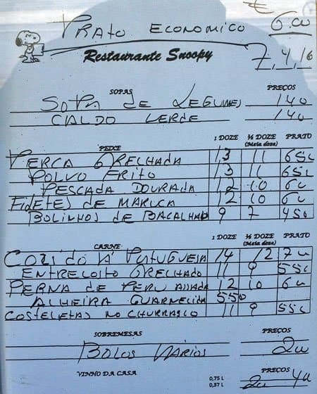 Menu at Snoopy restaurant, Porto