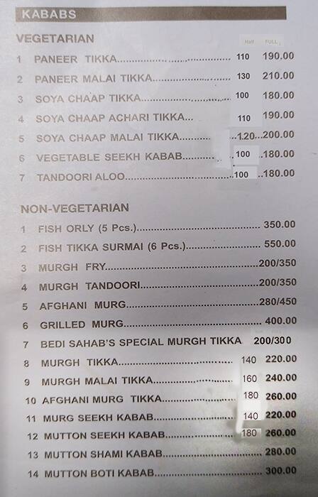 Menu of Bedi Sahab, Vasant Kunj, New Delhi