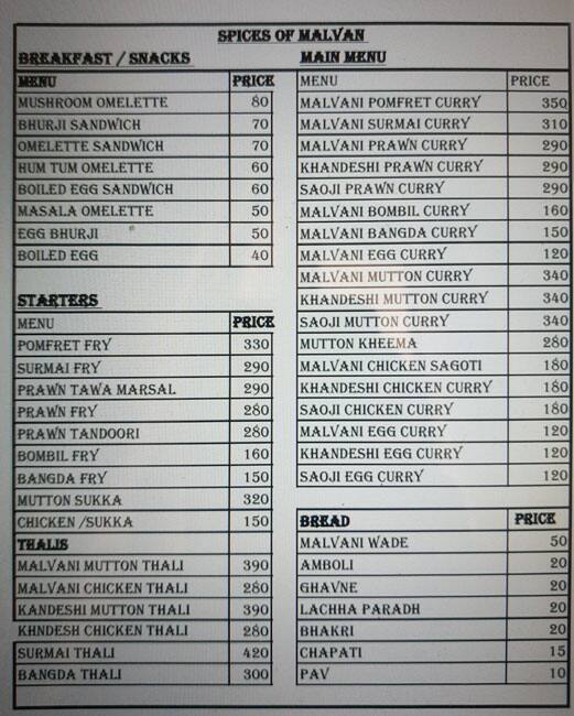 Menu of Spices of Malvan, 4 Bungalows, Mumbai