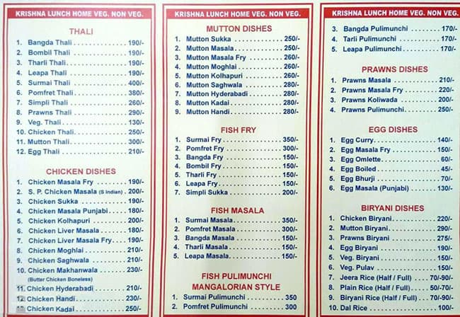 Menu of Krishna Lunch Home, Kandivali West, Mumbai