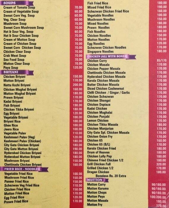 Hotel City Gate Menu, Menu for Hotel City Gate, Thiruvanmiyur, Chennai ...