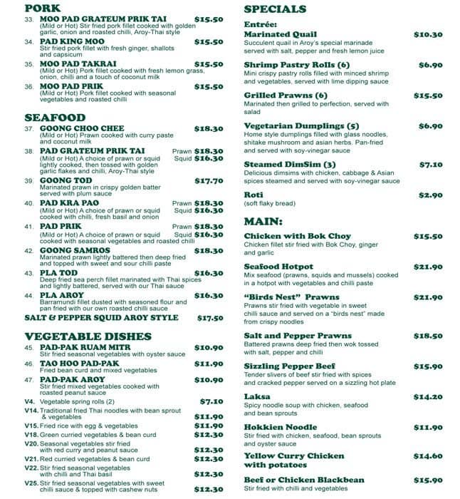 Menu at Aroy Thai restaurant, Blackwood