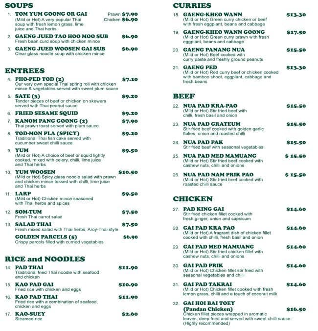 Menu at Aroy Thai restaurant, Blackwood