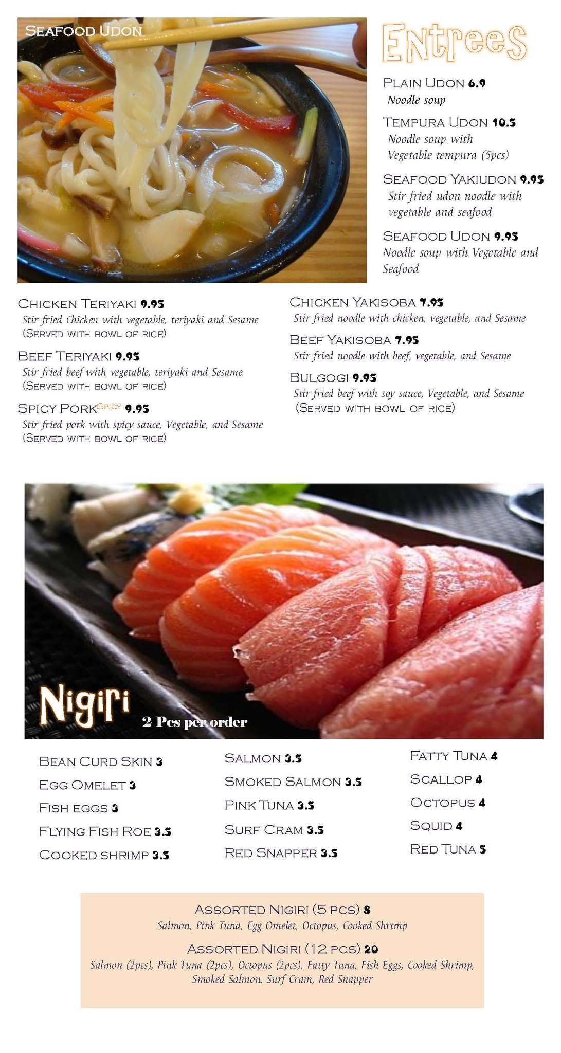 Menu at Sei Sushi Restaurant, Winnipeg