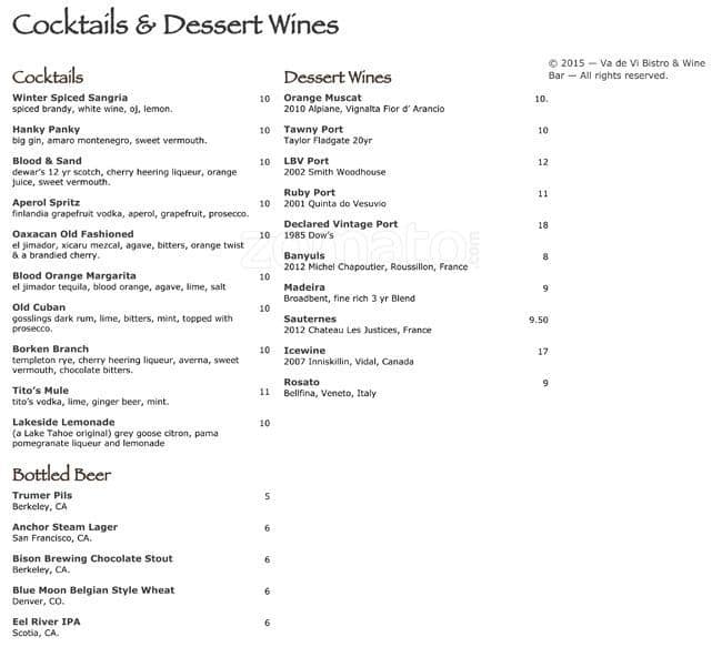 Menu at Va de Vi restaurant, Walnut Creek