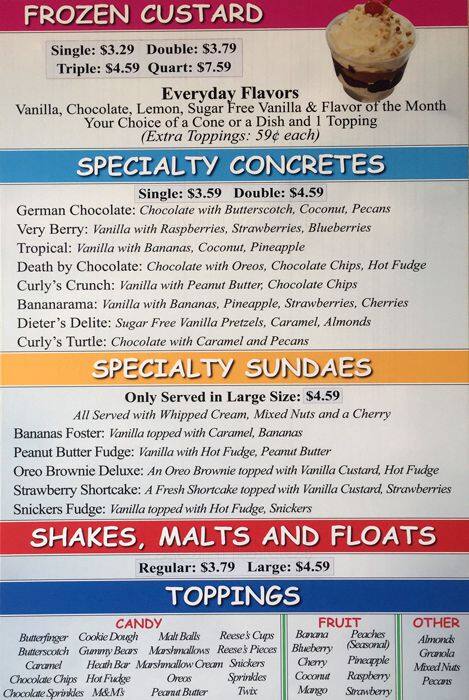 Menu at Curly's Frozen Custard desserts, Fort Worth