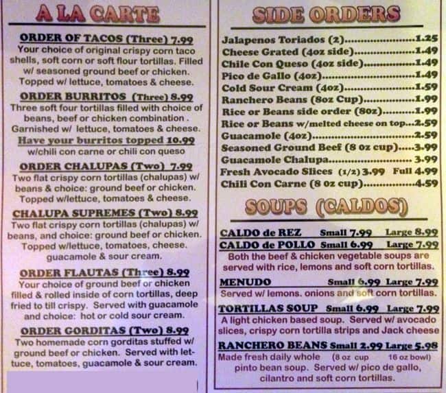 Menu at Fiesta Mexican Restaurant, Fort Worth