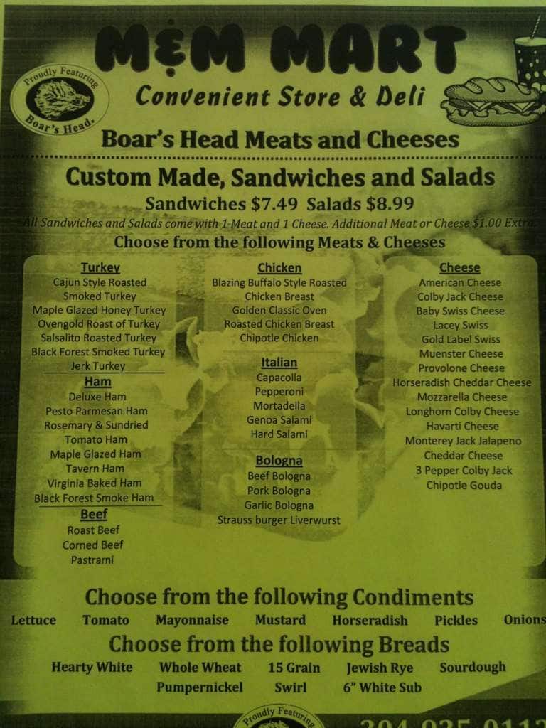 Menu at M & M Mart restaurant, Charleston