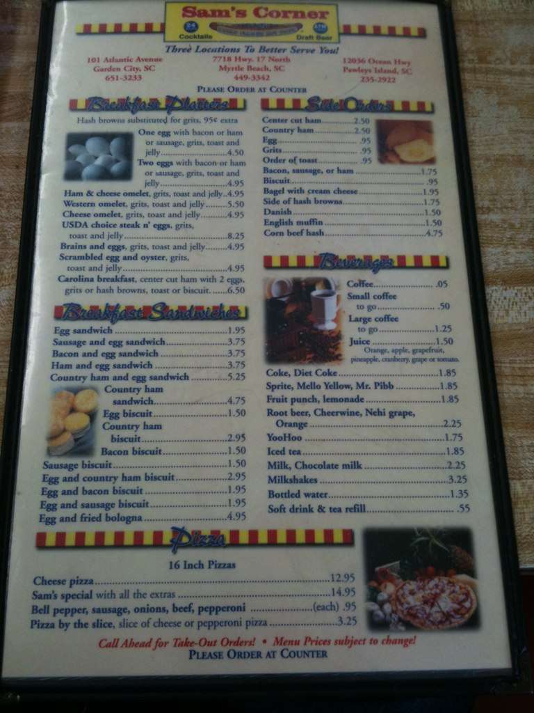 Menu at Sam's Corner restaurant, Garden City, 101 Atlantic Ave