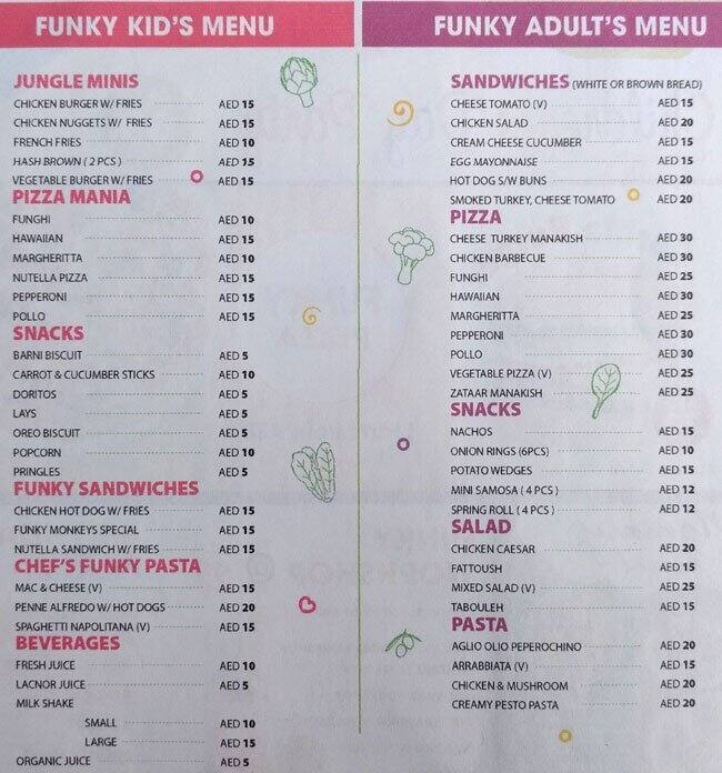 Funky Monkeys PlayLand Menu, Menu for Funky Monkeys PlayLand, Al Safa ...