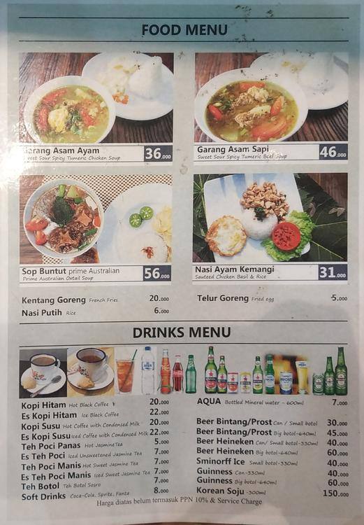Menu at W.SINAR (Warung Sinar) restaurant, Central Jakarta, Jl. H. Agus ...