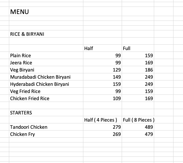 Menu of Biryani Begum, MG Road, Puducherry