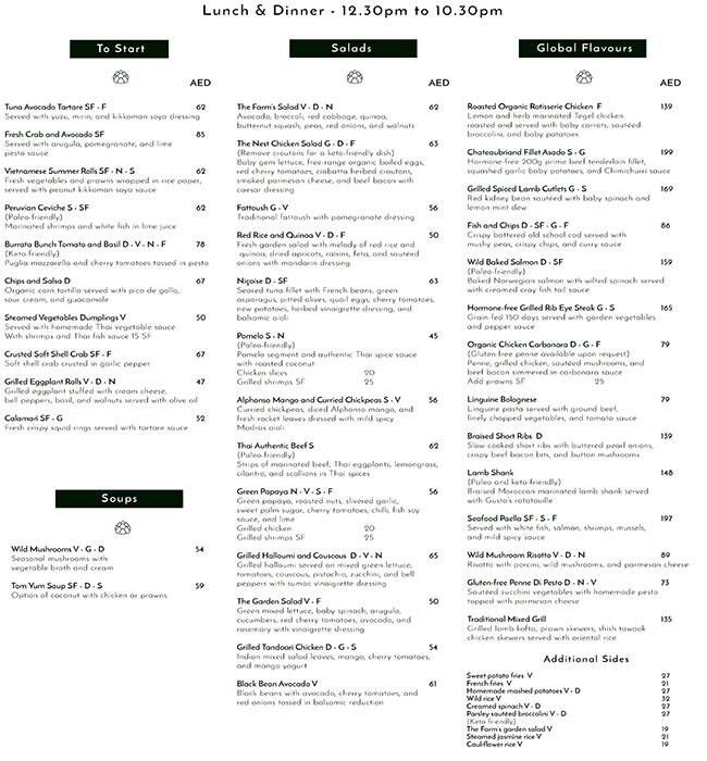 Menu at The Farm Restaurant, Al Barari, Dubai