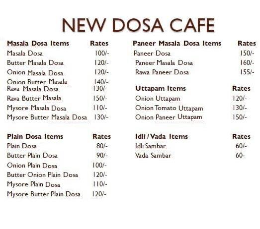Menu of New Dosa Cafe, Tilak Nagar, New Delhi
