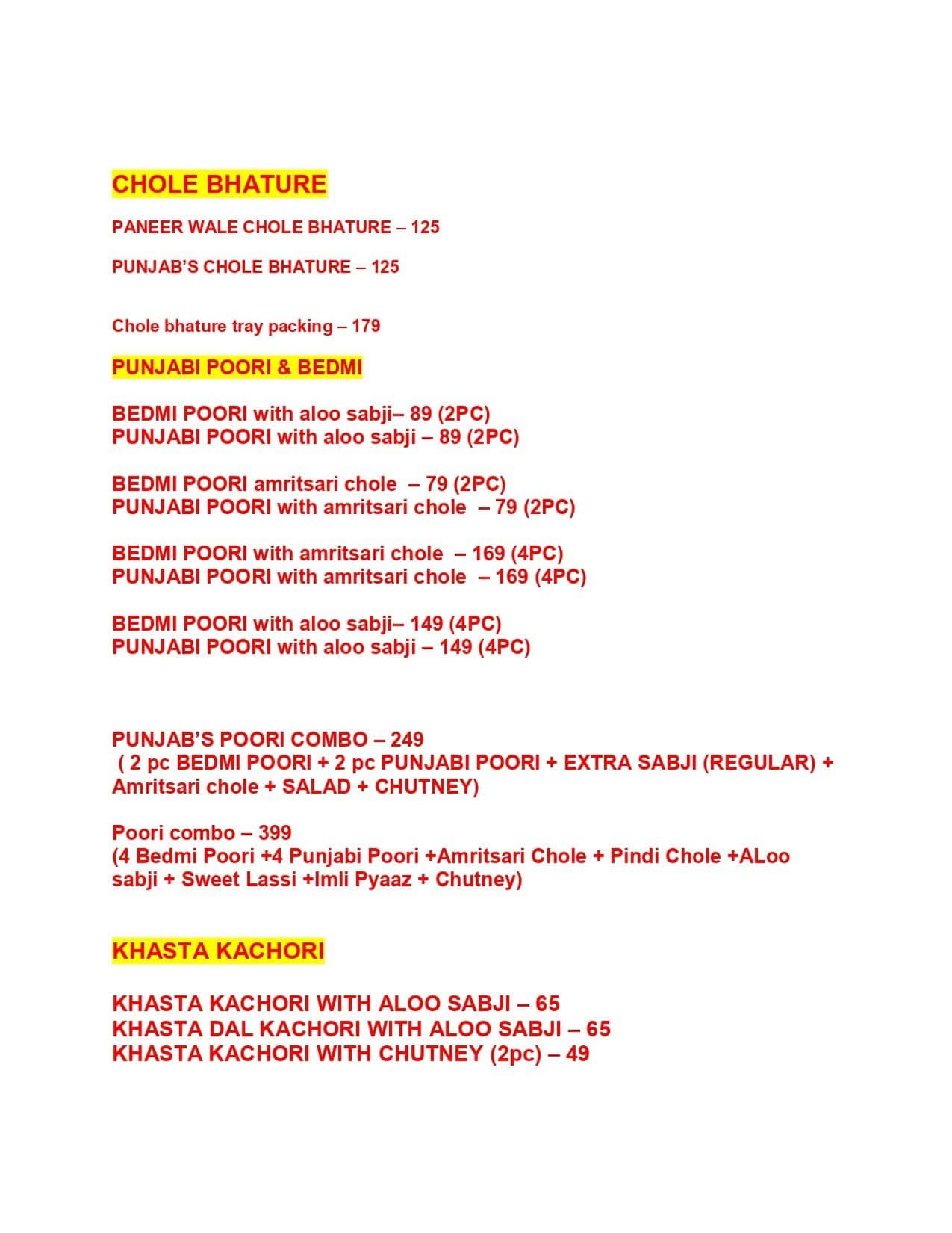 Menu of Krishna Chole Bhature, Model Town 3, New Delhi