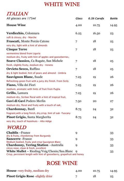 Menu at Taormina restaurant, London, 19 Craven Terrace