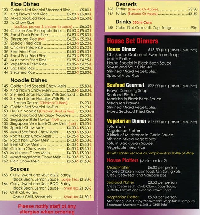 Menu at Golden Bird restaurant, London, 379 Mile End Rd