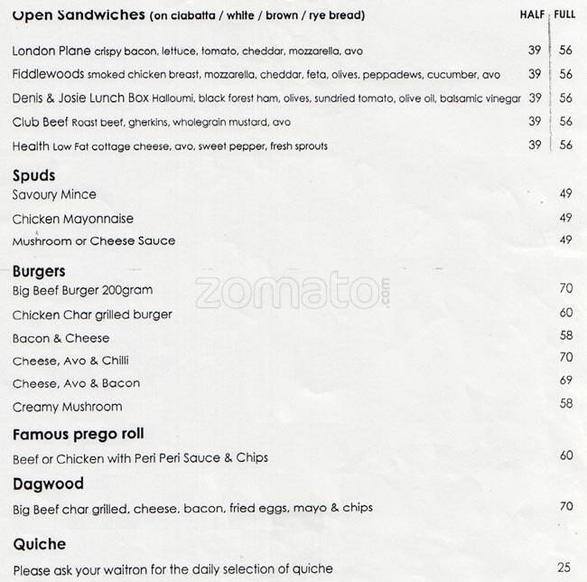 Menu at Fiddlewoods Restaurant, Germiston