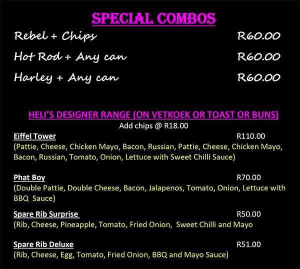 Menu at Heli's Vetkoek restaurant, Germiston