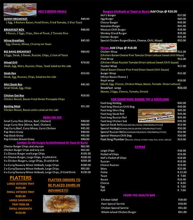 Menu at Heli's Vetkoek restaurant, Germiston