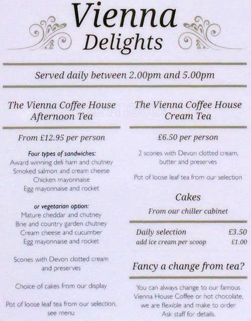 Menu at The Vienna Coffee House, Manchester