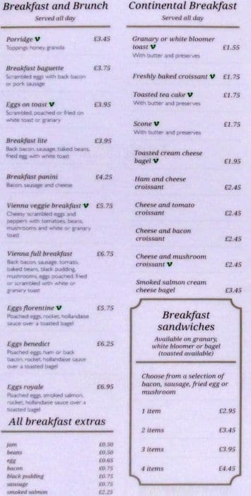 Menu at The Vienna Coffee House, Manchester