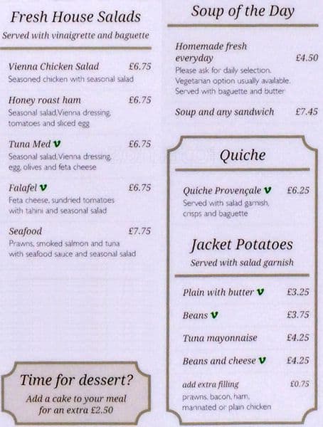 Menu at The Vienna Coffee House, Manchester