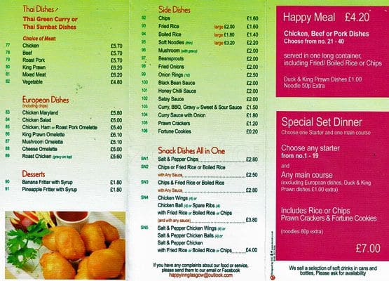 Menu at Happy Inn fast food, Glasgow