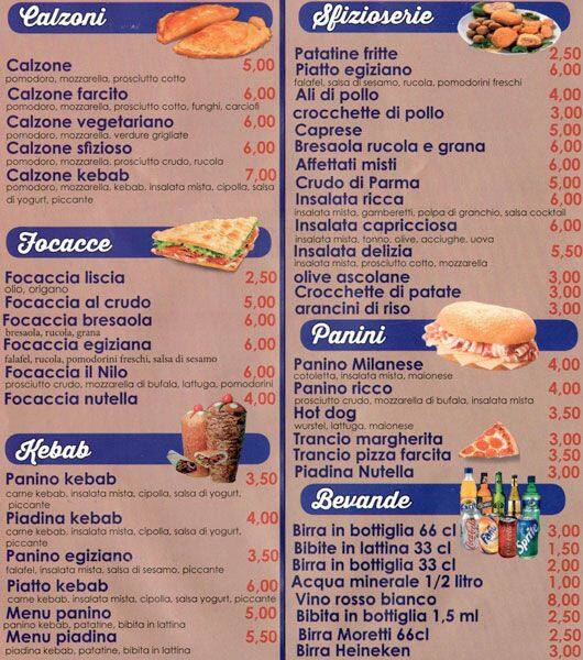 Menu da Il Nilo pizzeria, Milano