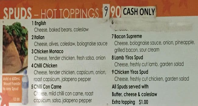 Menu at Five Star Yiros and Spud fast food, Adelaide